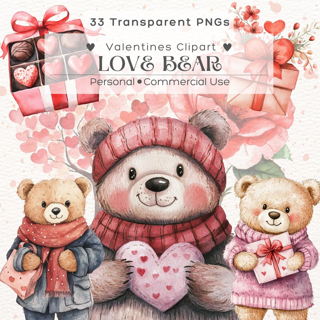 Watercolor Bear Clipart, Valentines Clipart – Cute Design, Instant ...