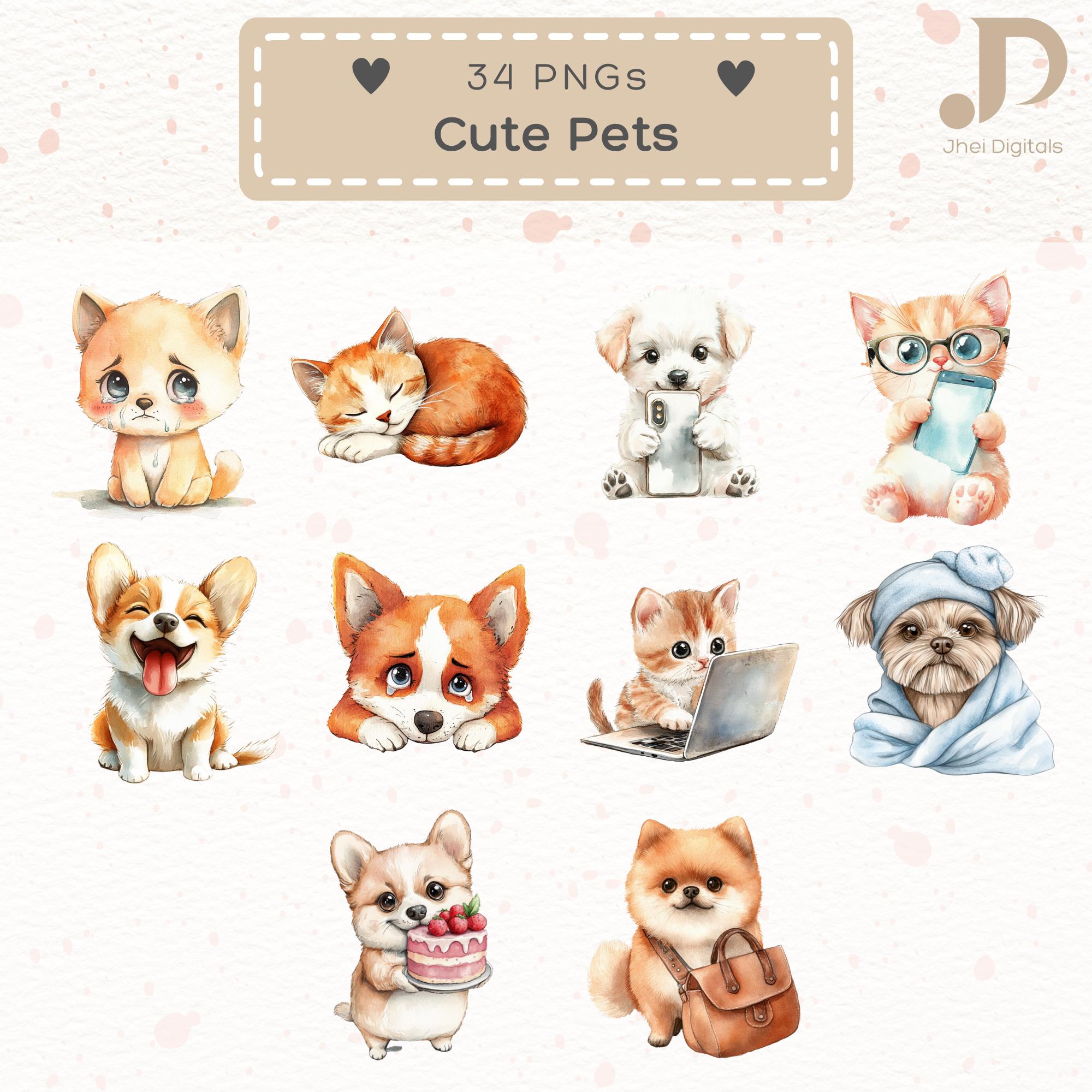 Cute Pet Clipart, Watercolor – Cute PNG, Instant Download, Commercial ...