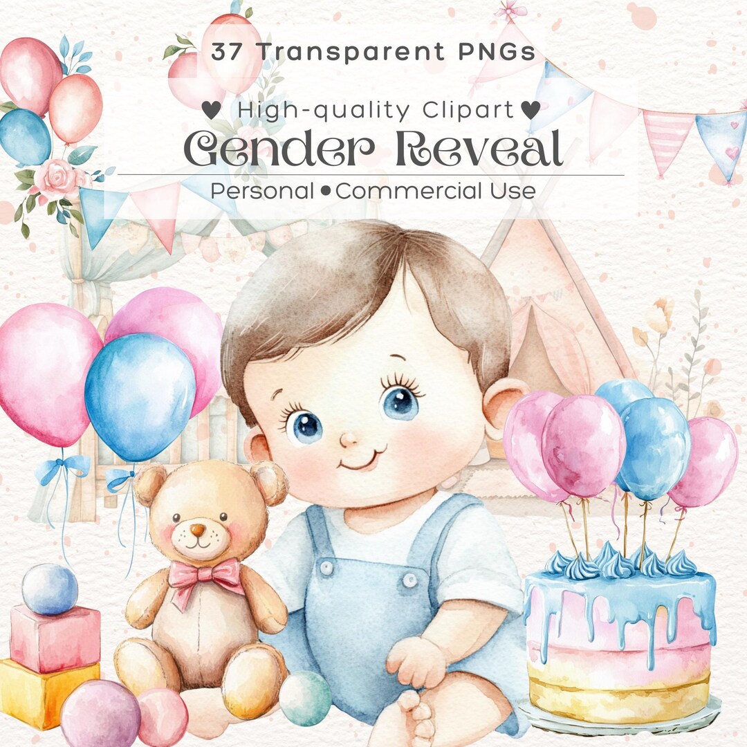 Cute Baby Clipart, Gender Reveal – Digital Product, Watercolor, Instant ...