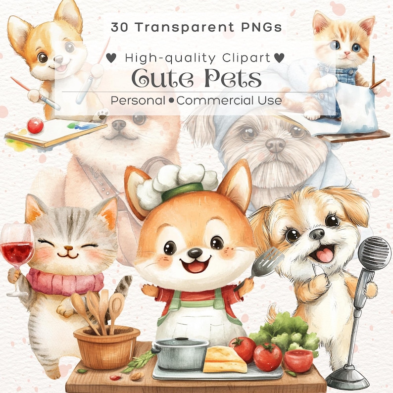 Cute Pet Clipart, Watercolor – Cute PNG, Instant Download, Commercial ...