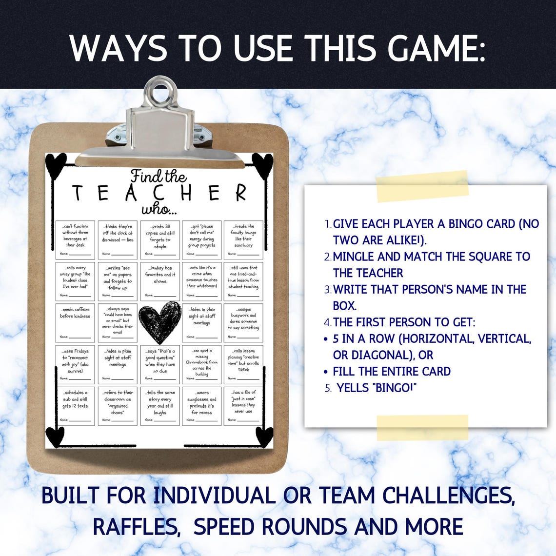 Teacher Trivia Bingo Game – Funny Teacher Bingo | Teacher Appreciation ...