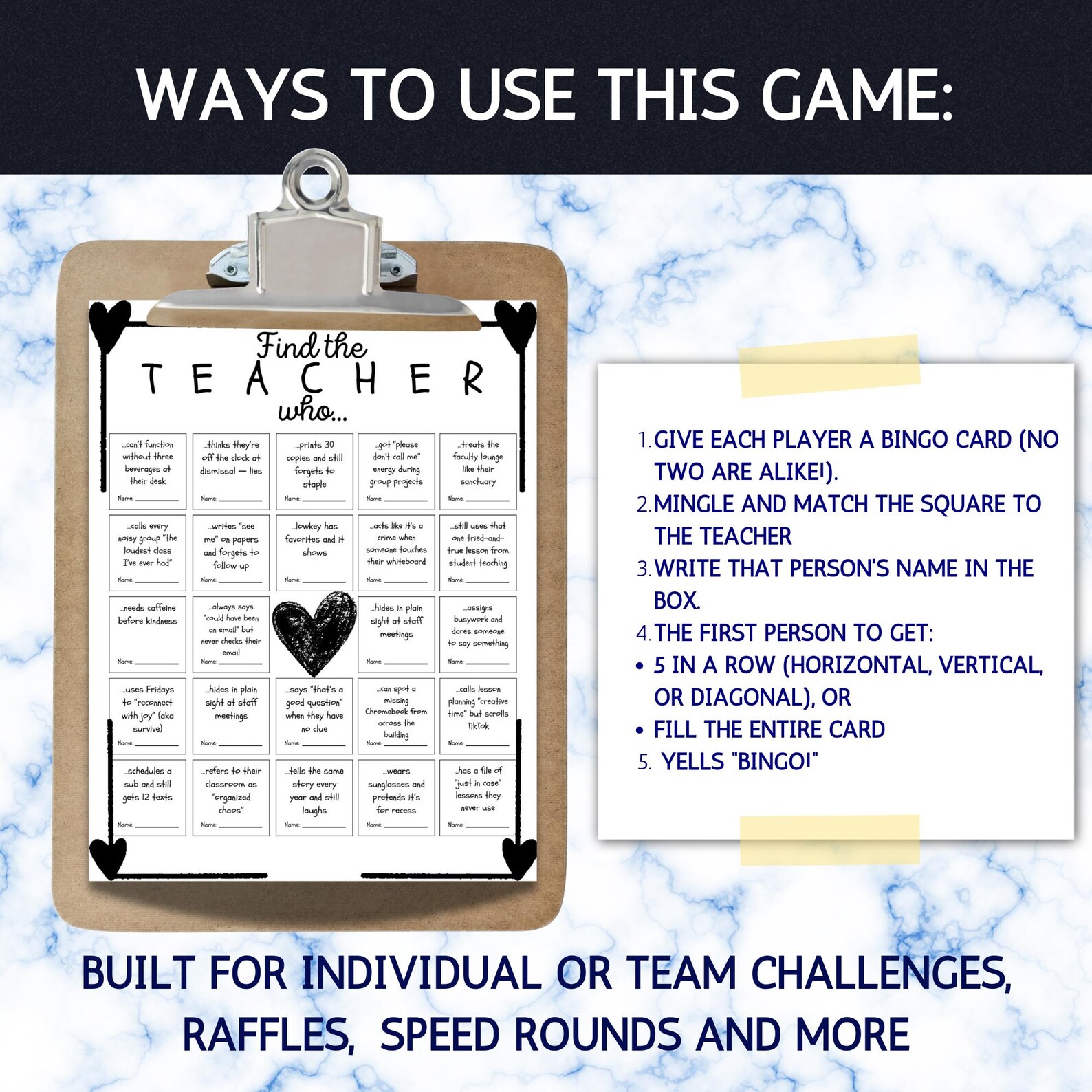 Teacher Trivia Bingo Game – Funny Teacher Bingo | Teacher Appreciation ...