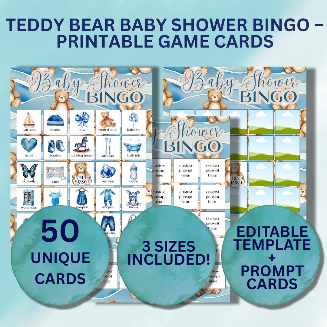 Teddy Bear Baby Shower Bingo Game for Boy – Blue Baby Shower Games, 50 ...