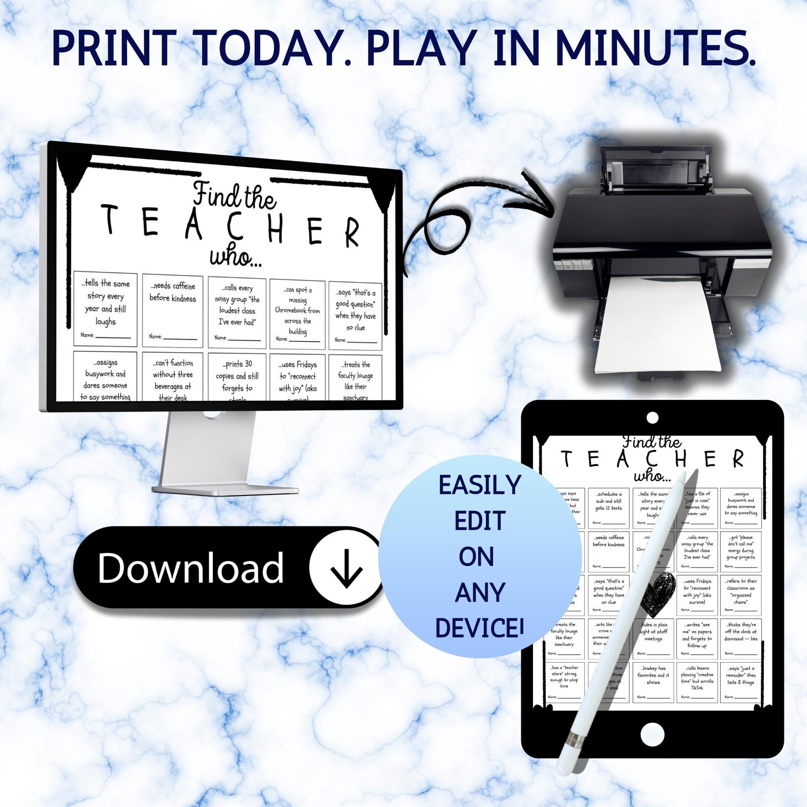 Teacher Trivia Bingo Game – Funny Teacher Bingo | Teacher Appreciation ...