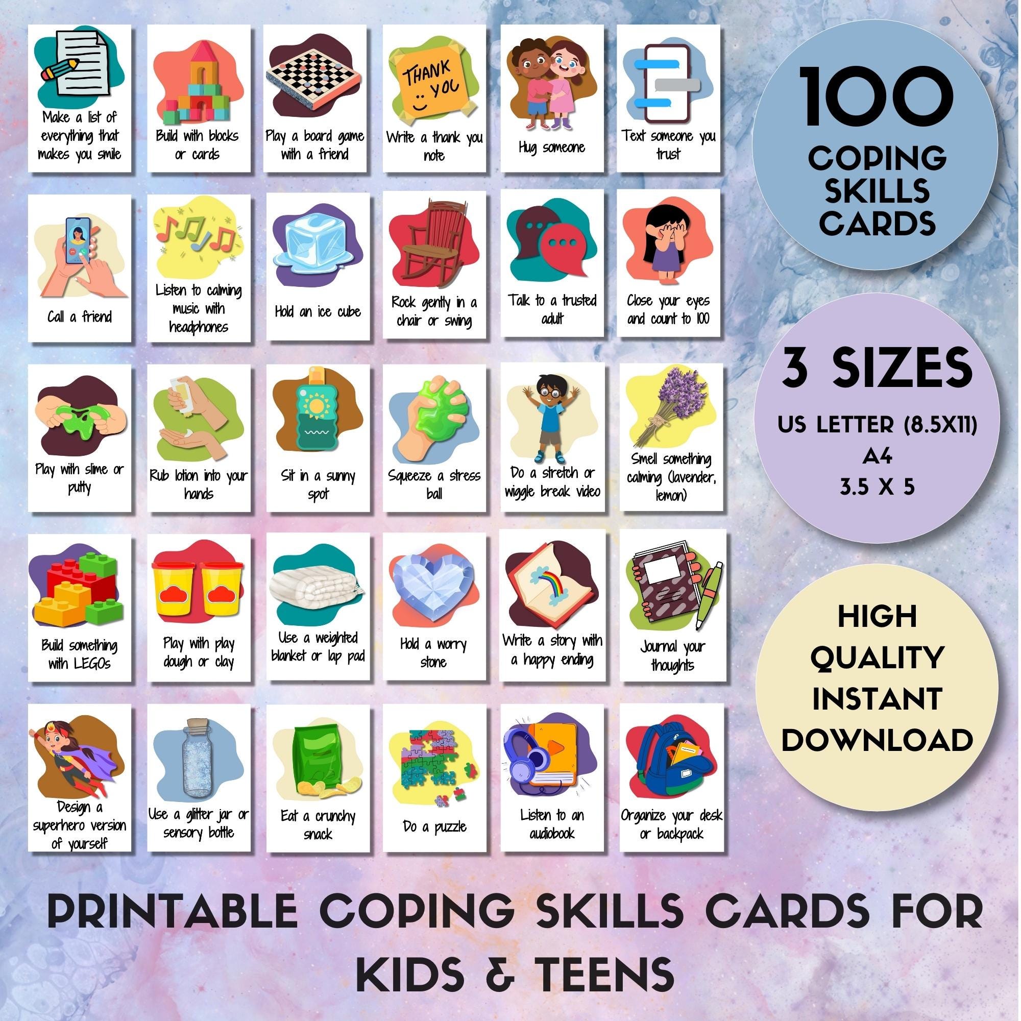 100 Coping Skills Cards for Kids & Teens | Printable SEL Calm Corner ...