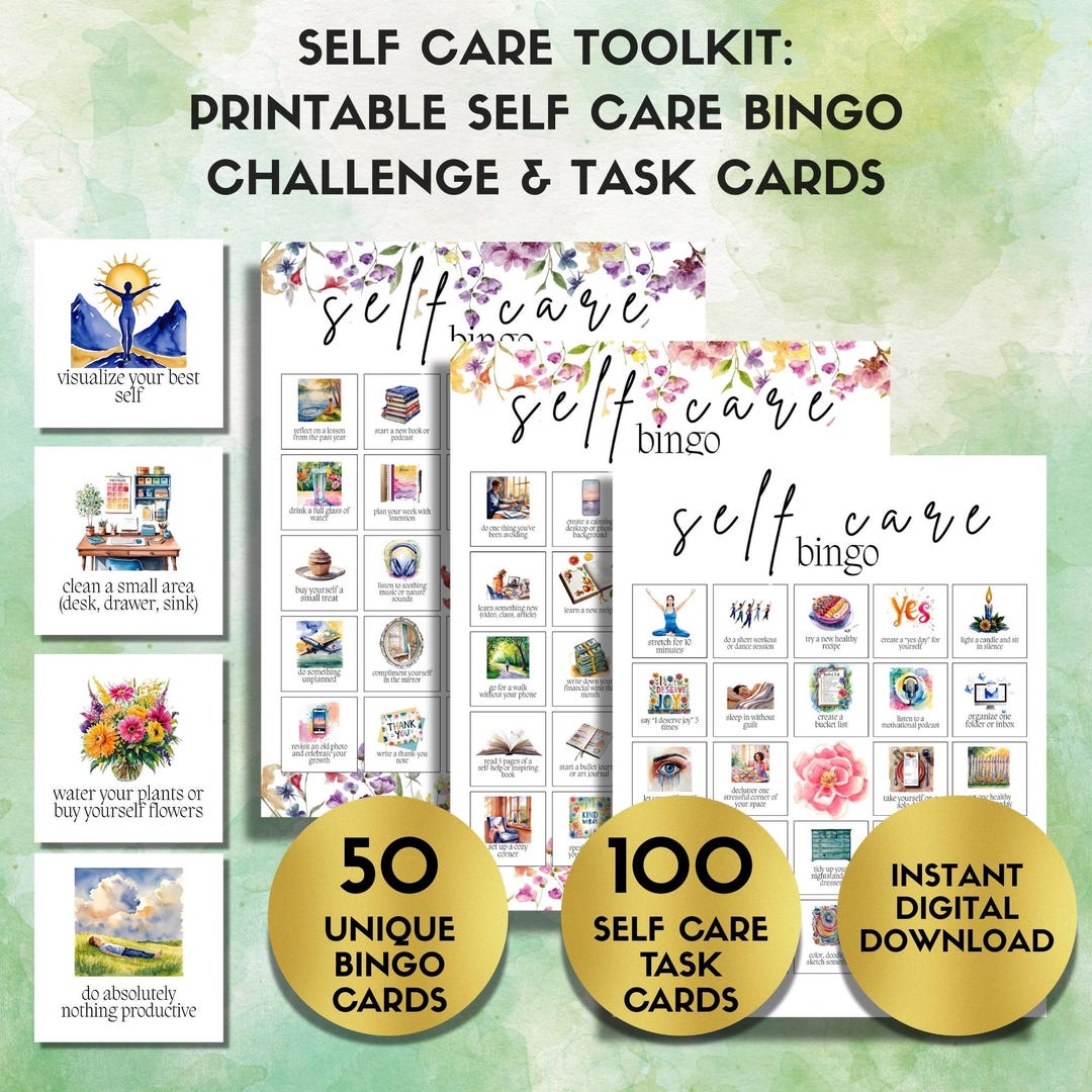 Self Care Task Cards + Bingo Printable – 100 Prompts, 50 Bingo Cards – Watercolor Aesthetic ...