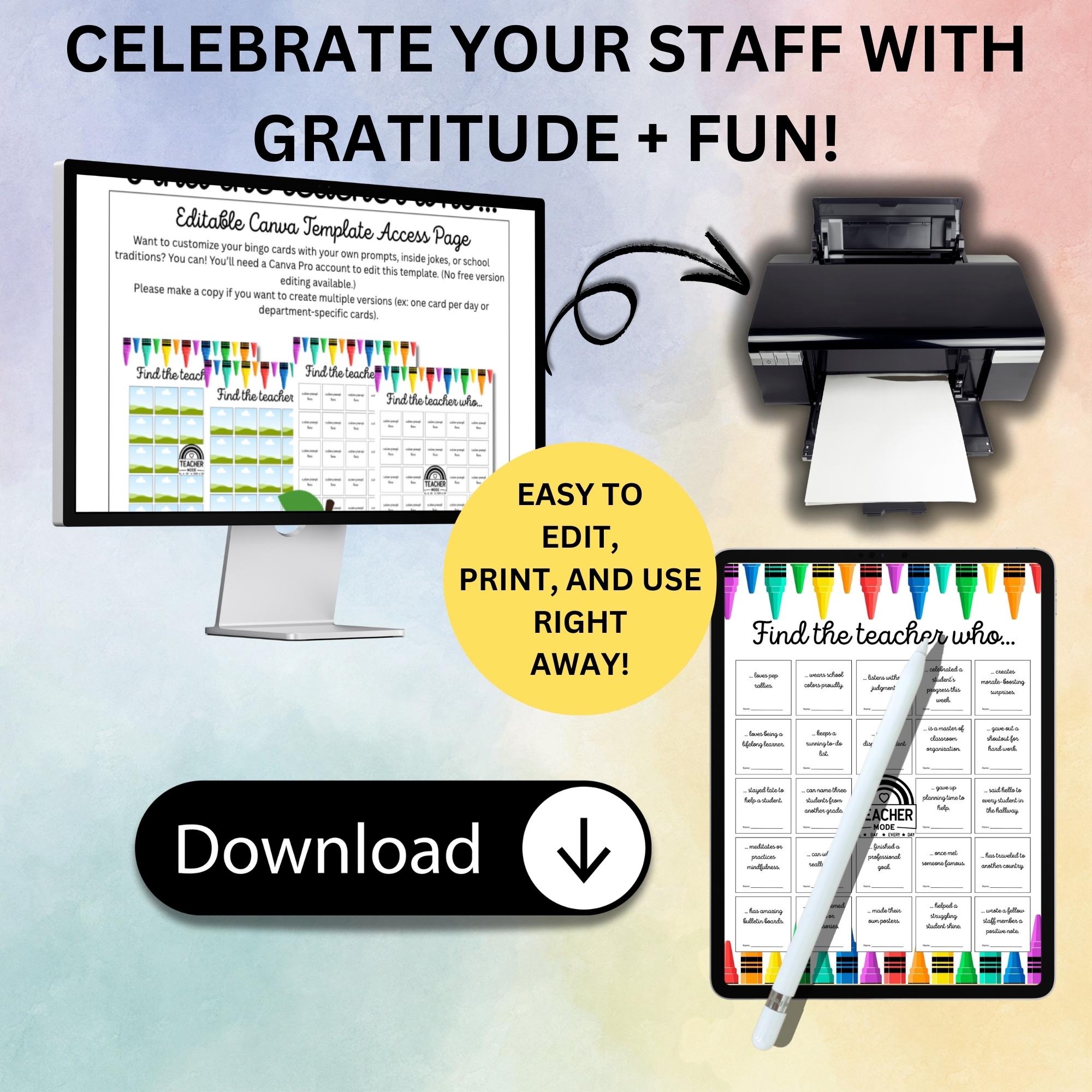 Teacher Appreciation Bingo Printable – Find a Teacher Who Game – Fun ...