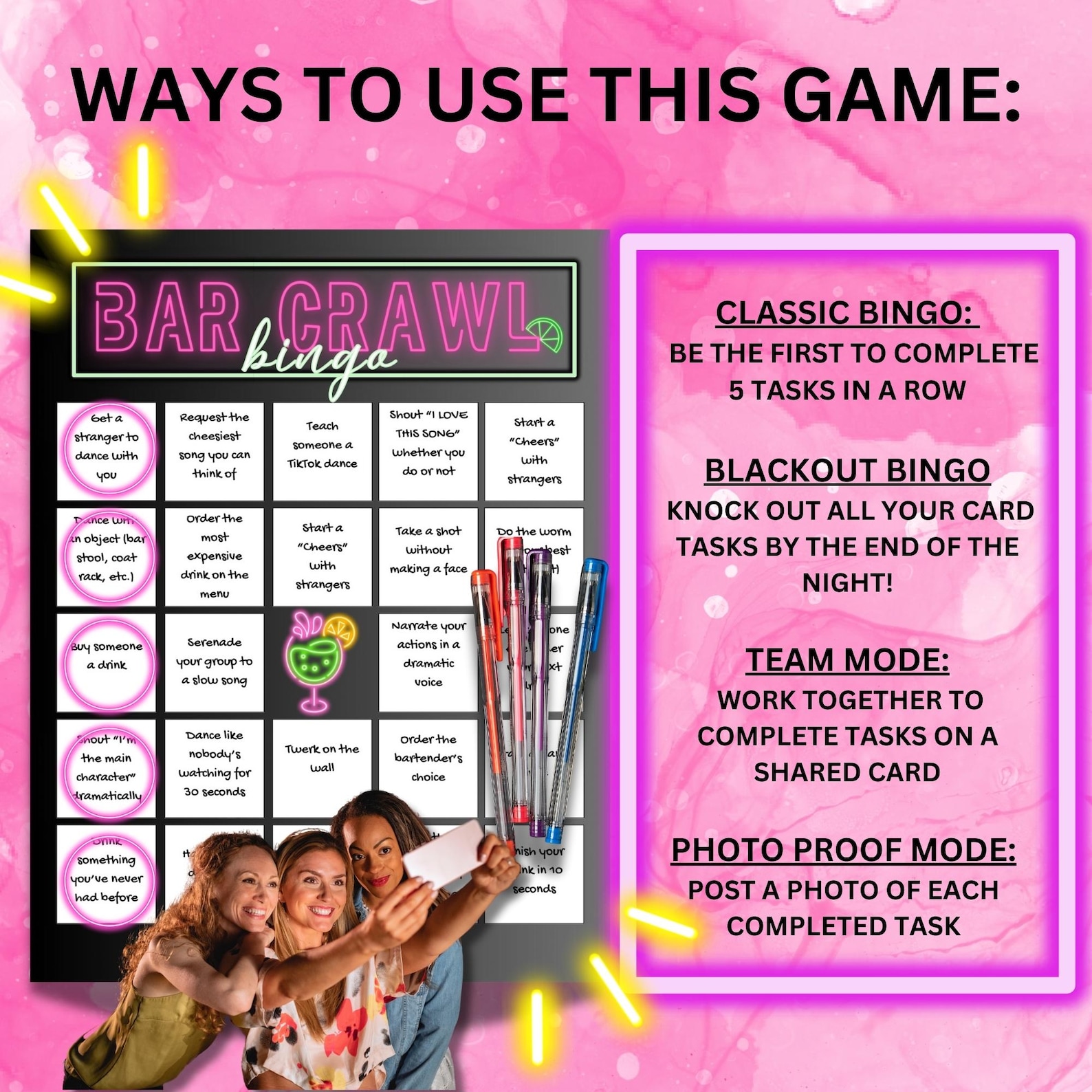 Bar Crawl Bingo Game Printable – 50 Editable Cards, 100 Tasks – Ladies ...