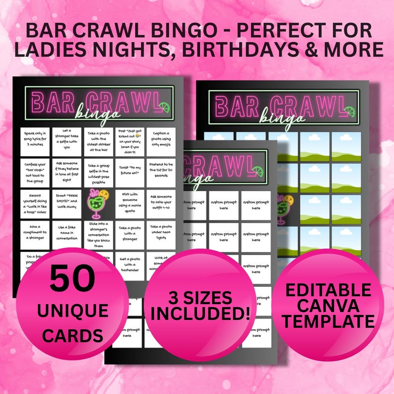 Bar Crawl Bingo Game Printable – 50 Editable Cards, 100 Tasks – Ladies ...