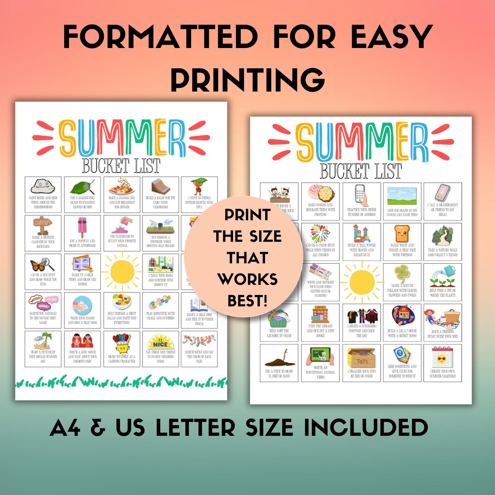 Kids Printable Summer Activity Bingo Game – 100 Printable Cards ...