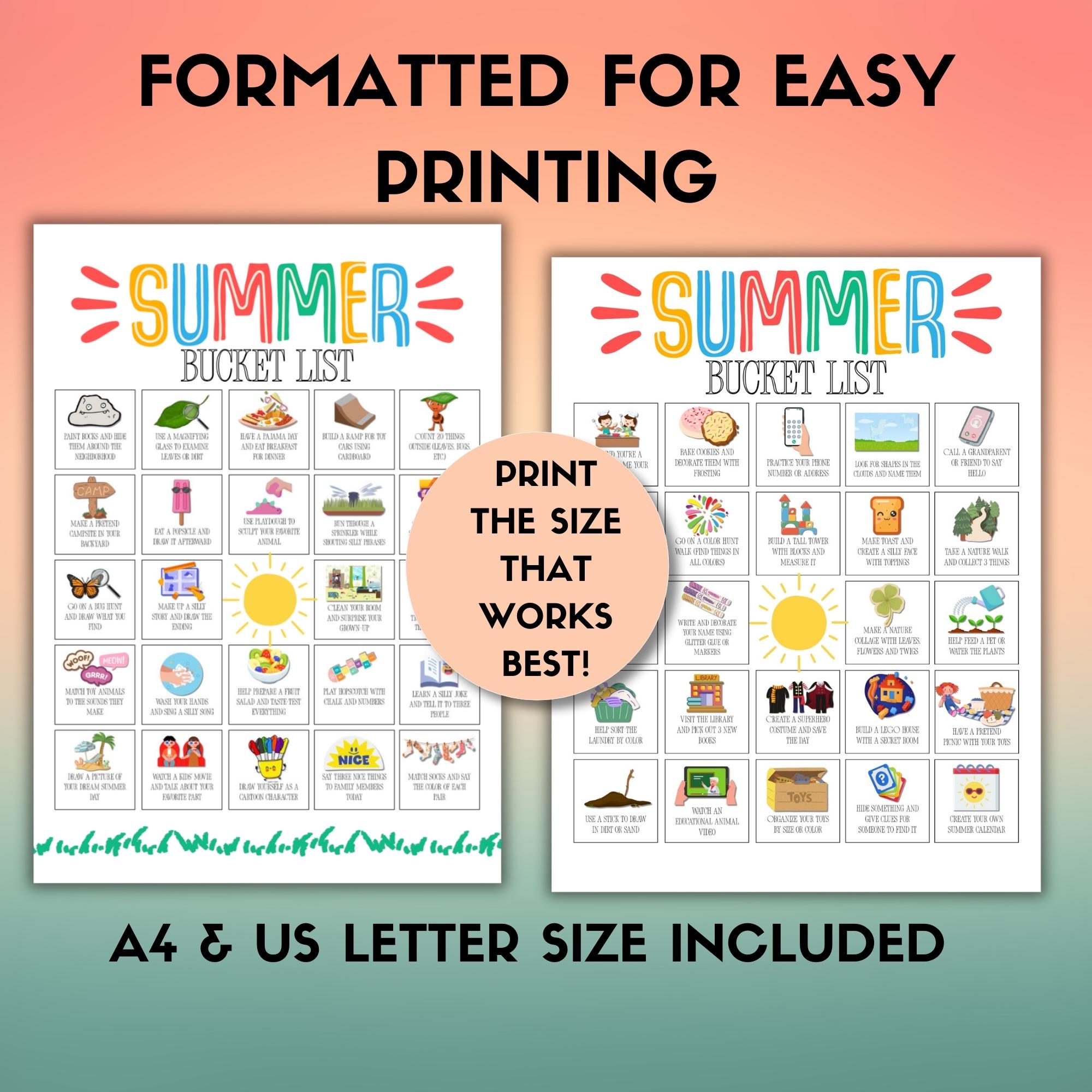 Kids Printable Summer Activity Bingo Game – 100 Printable Cards ...
