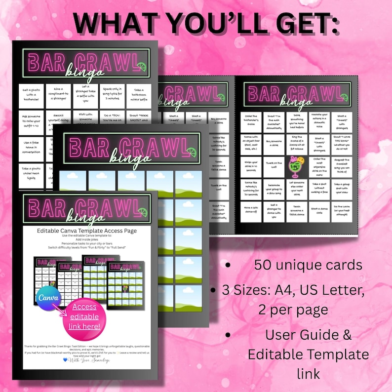 Bar Crawl Bingo Game Printable – 50 Editable Cards, 100 Tasks – Ladies ...