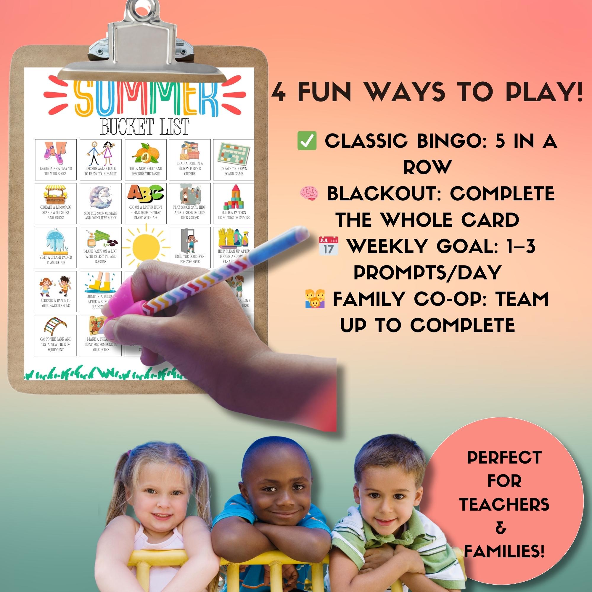 Kids Printable Summer Activity Bingo Game – 100 Printable Cards ...