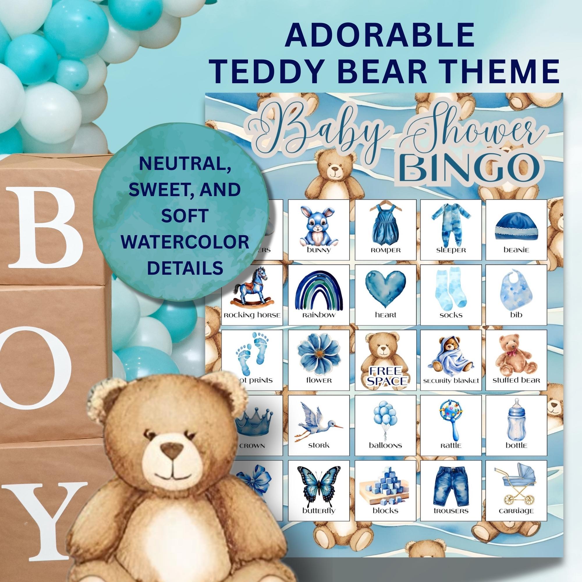 Teddy Bear Baby Shower Bingo Game for Boy – Blue Baby Shower Games, 50 ...