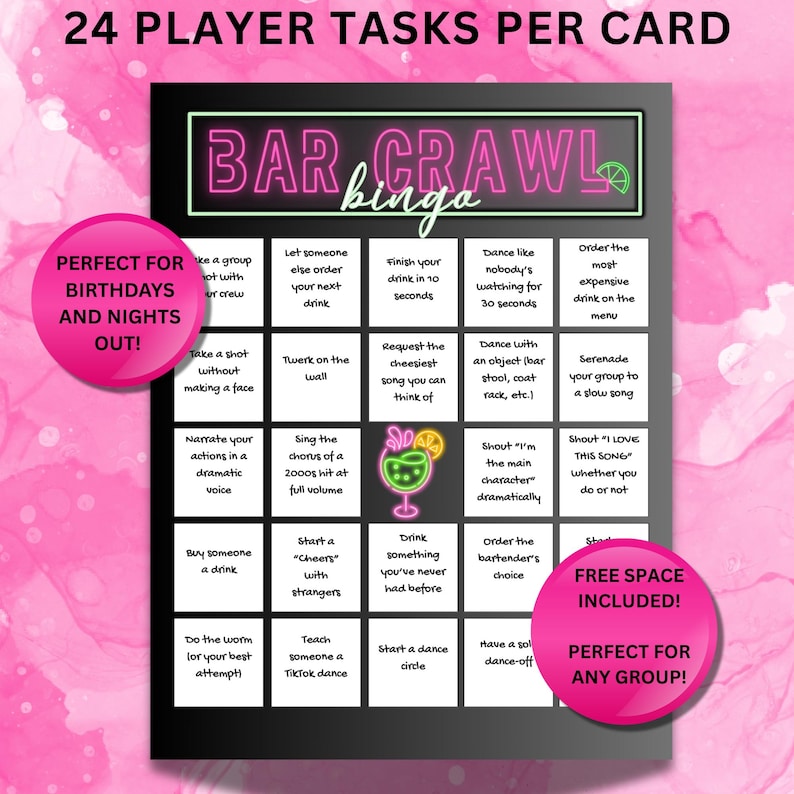 Bar Crawl Bingo Game Printable – 50 Editable Cards, 100 Tasks – Ladies ...