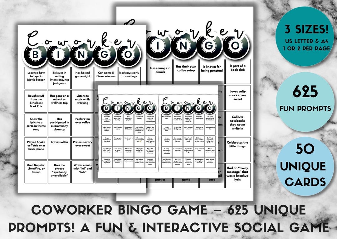 Coworker Bingo Game | 625 Fun Prompts & 50 Printable Cards | Office ...