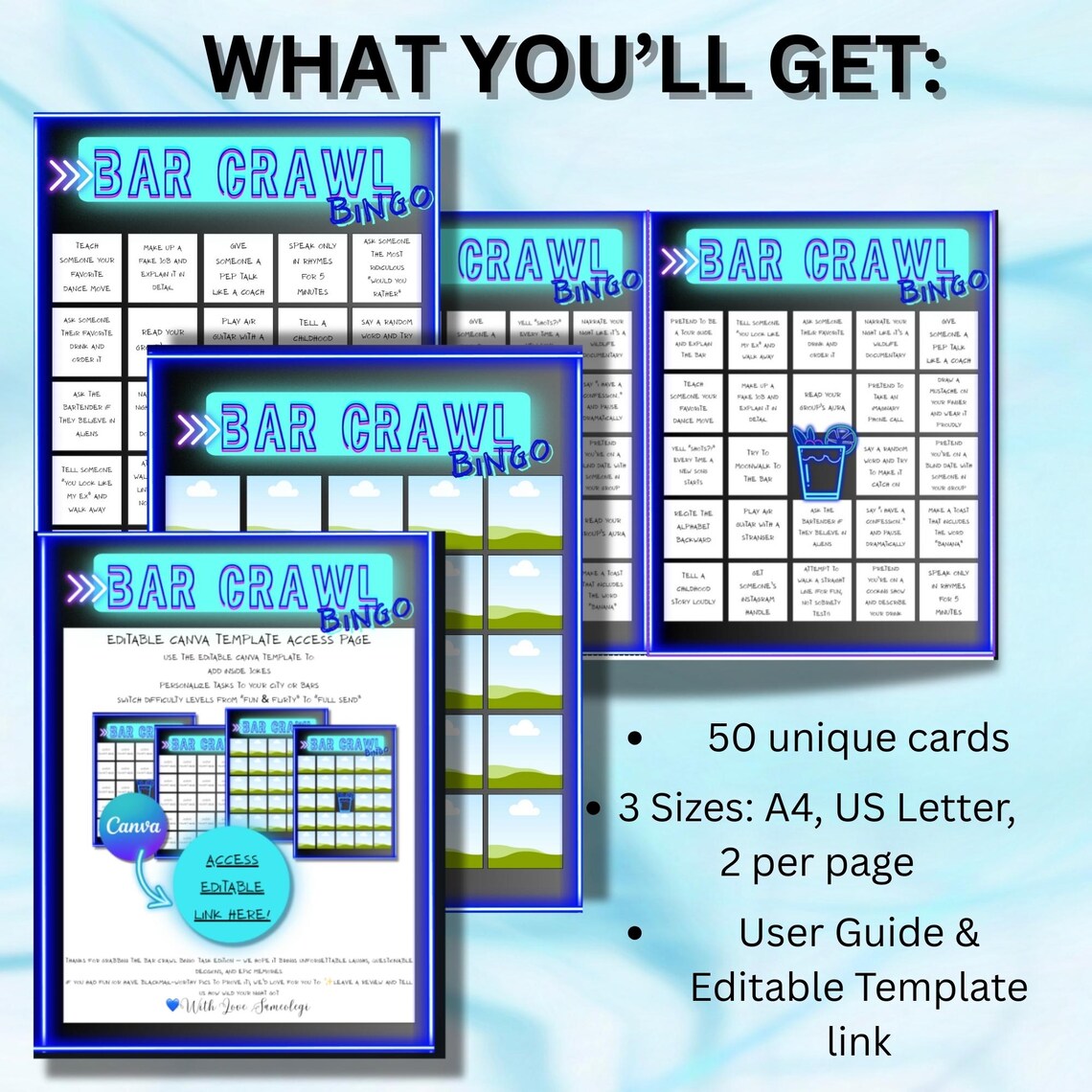 Bar Crawl Bingo Printable – 50 Cards Pub Crawl Bingo, Editable Canva ...