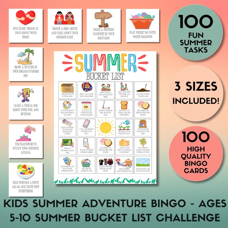 Kids Printable Summer Activity Bingo Game – 100 Printable Cards ...