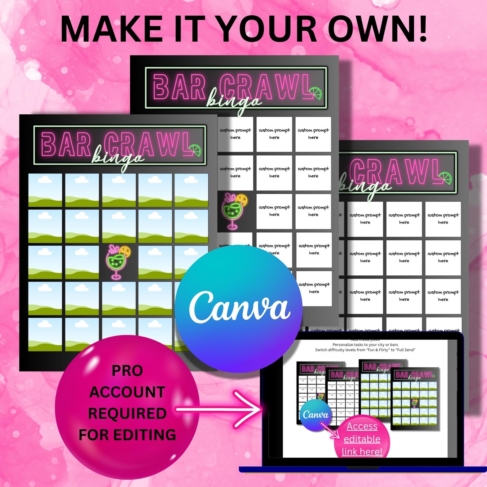 Bar Crawl Bingo Game Printable – 50 Editable Cards, 100 Tasks – Ladies ...