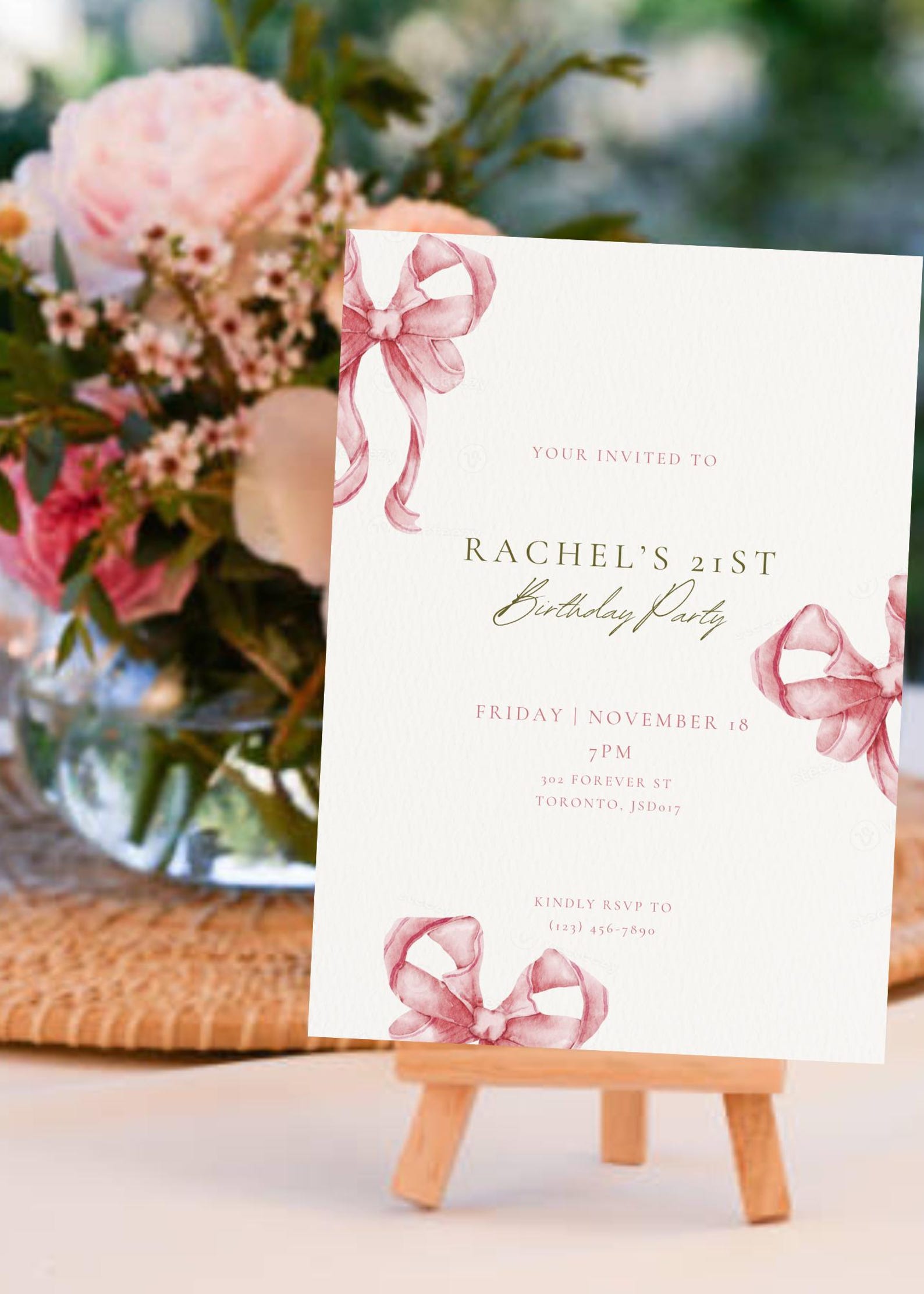 Editable Simple Pink Bow Invitation Template Birthday Invitation Cute ...