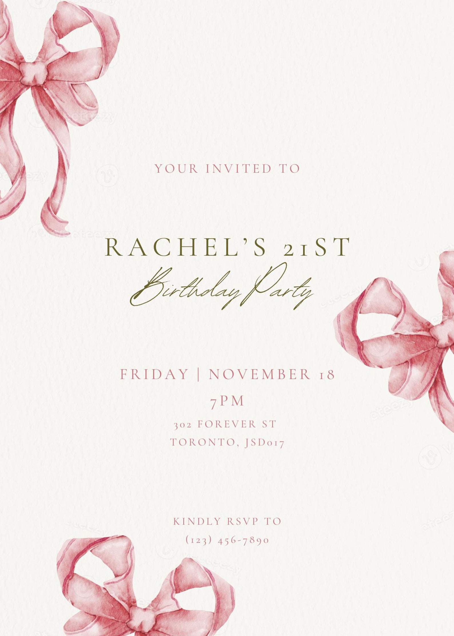 Editable Simple Pink Bow Invitation Template Birthday Invitation Cute ...