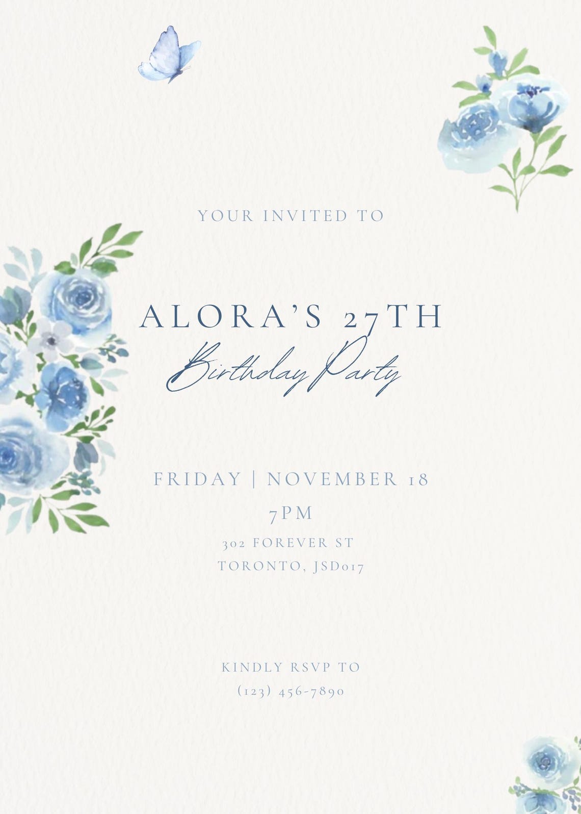 Editable Simple Blue Floral Invitation Template Birthday Invitation ...