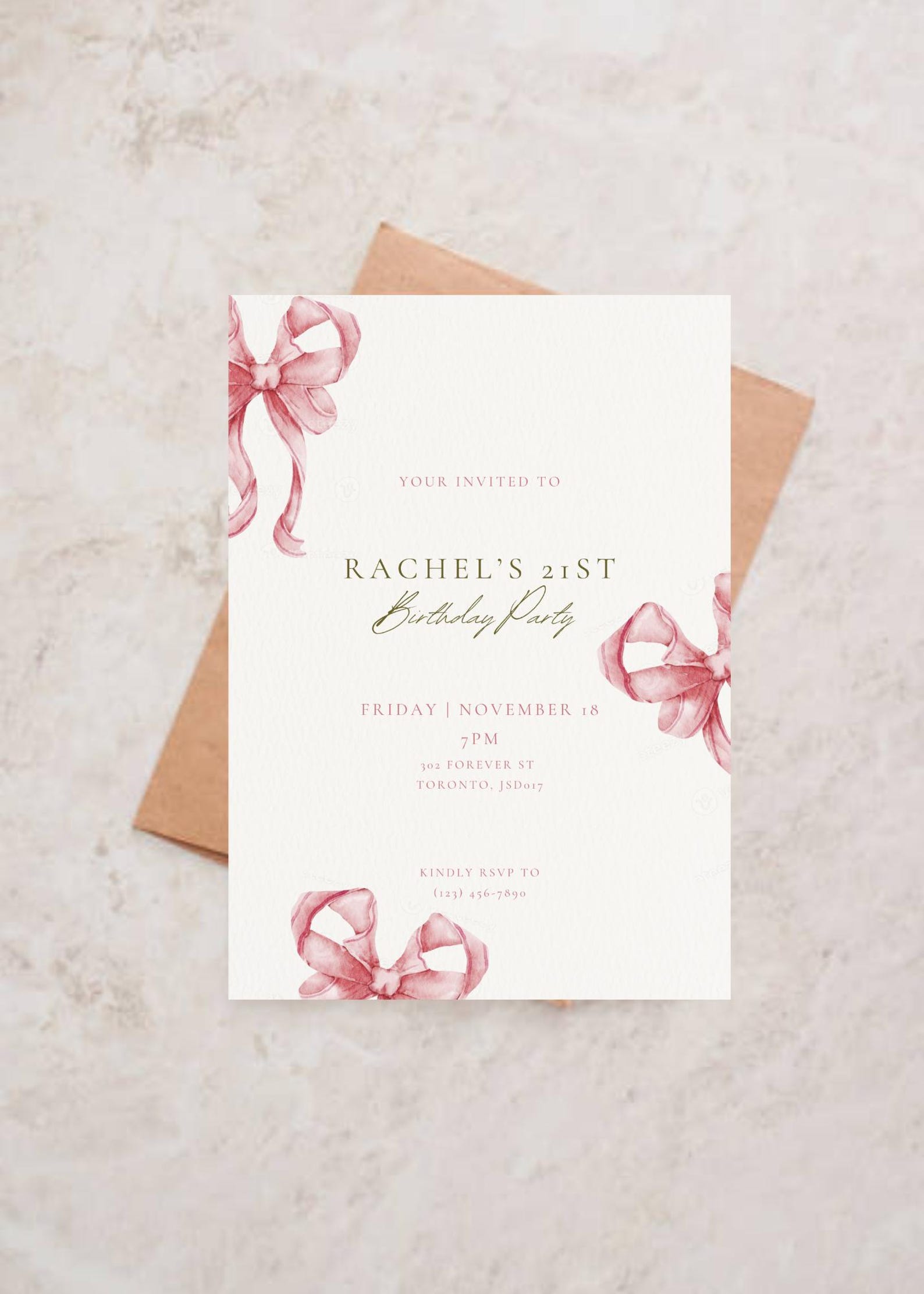 Editable Simple Pink Bow Invitation Template Birthday Invitation Cute ...
