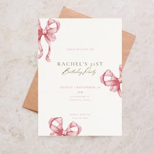 Editable Simple Pink Bow Invitation Template Birthday Invitation Cute ...