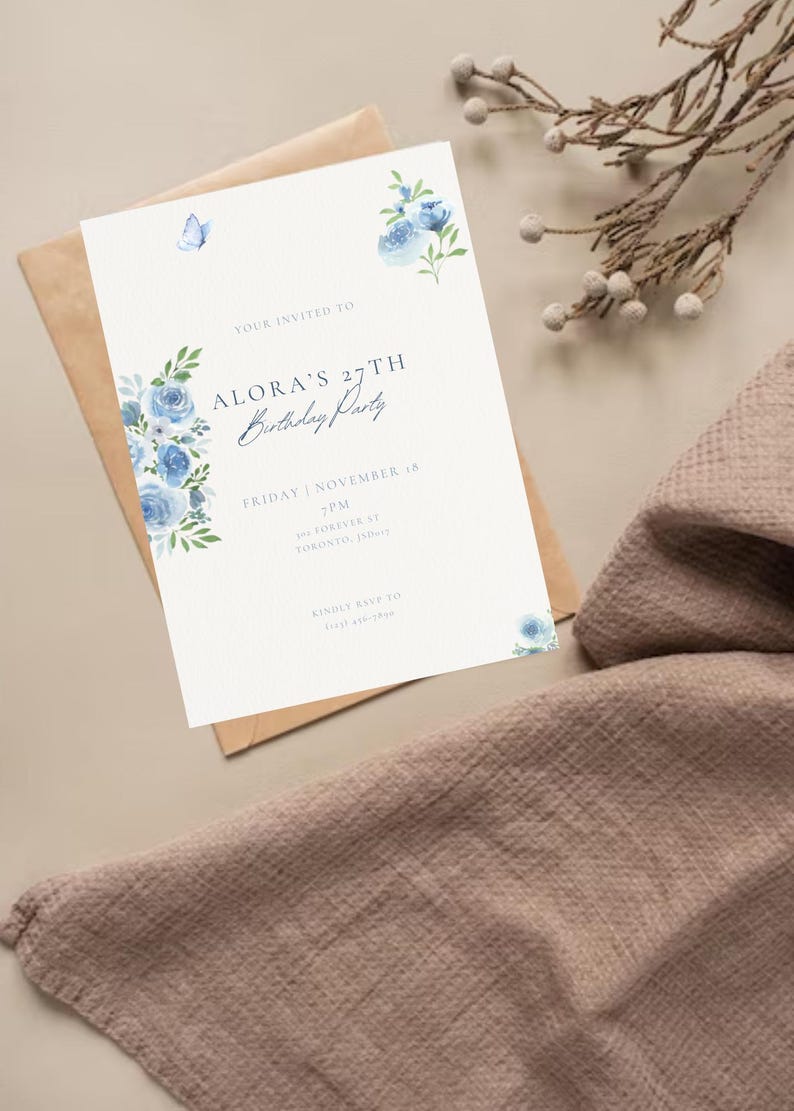 Editable Simple Blue Floral Invitation Template Birthday Invitation ...