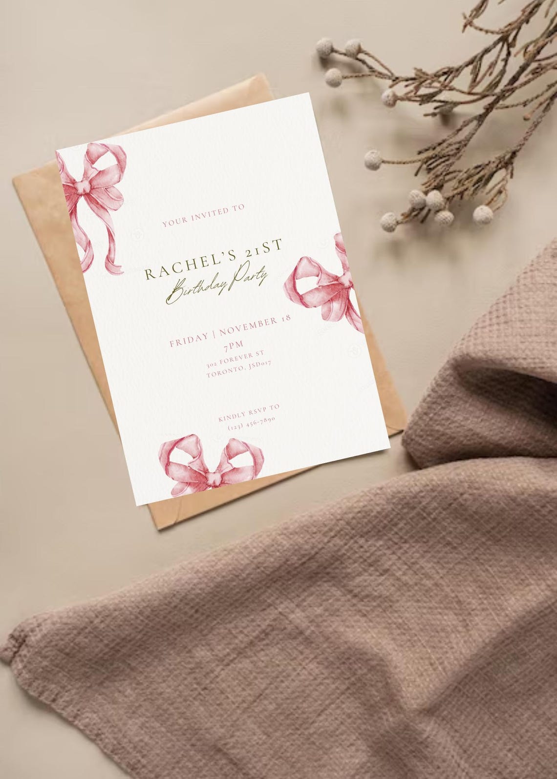 Editable Simple Pink Bow Invitation Template Birthday Invitation Cute ...