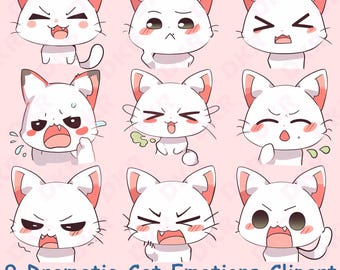 9 Dramatic Cat Emotions Clipart Bundle – Kawaii Digital PNG Faces for ...