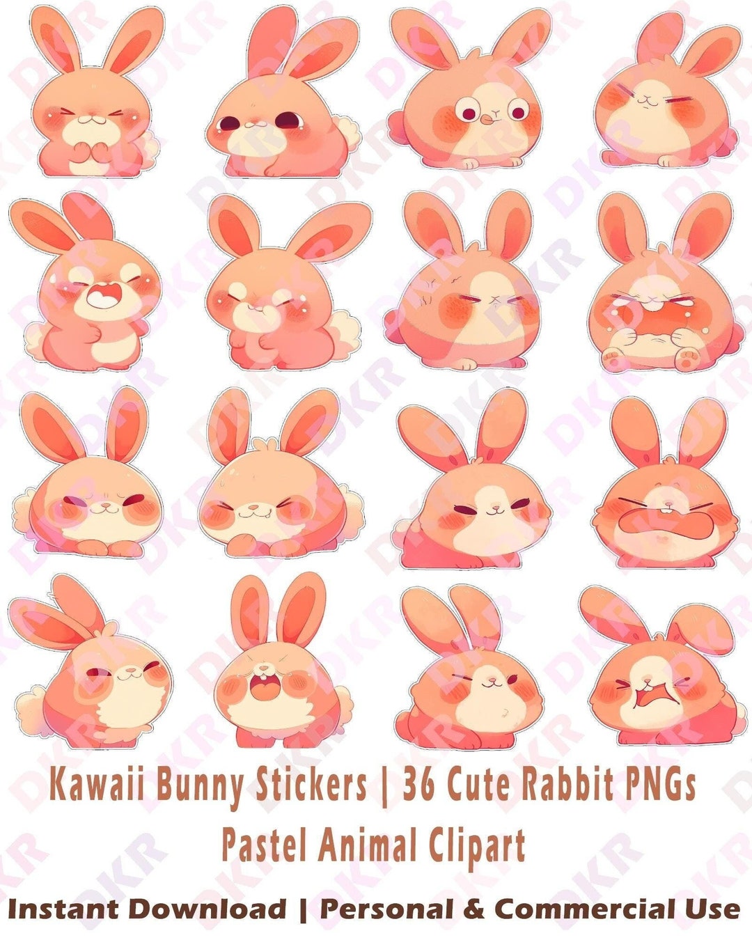 36 Kawaii Bunny Stickers, Cute Pastel Rabbit Pngs for Planners ...