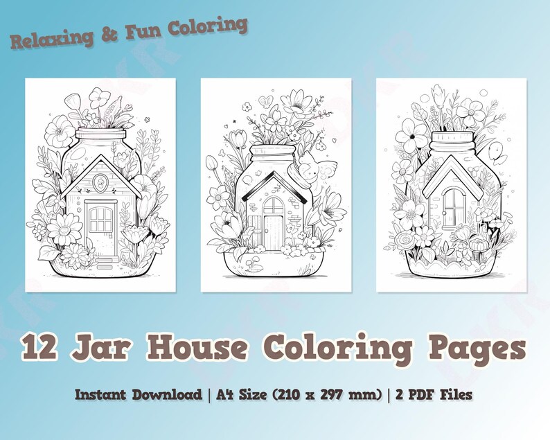 12 X A4 Printable Coloring Pages | Fairy Jar House & Floral Art | Instant Download | 2 PDF Files ...