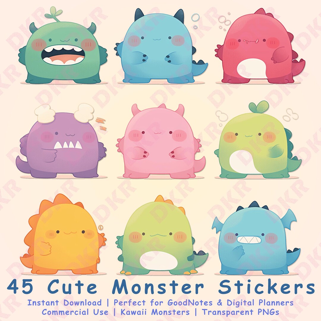 Kawaii Monster Clipart Bundle – 45 Cute PNG Stickers for Goodnotes ...