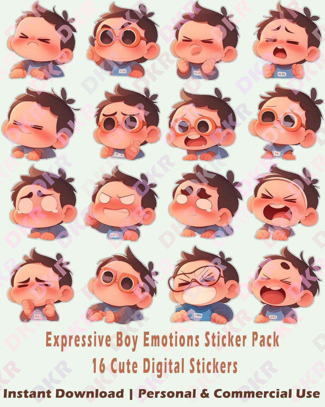 16 X Expressive Boy Emotions Sticker Pack, Cute Digital Stickers, PNG ...