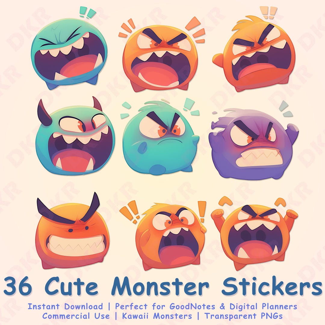 Funny & Angry Monster Emoji Stickers | 36 Expressive Digital Pngs for ...