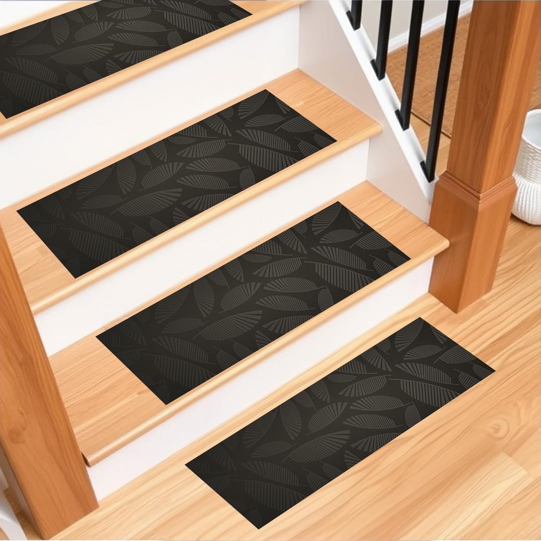 Black Leaf Pattern Stair Treads: Custom Printed Rug - Etsy