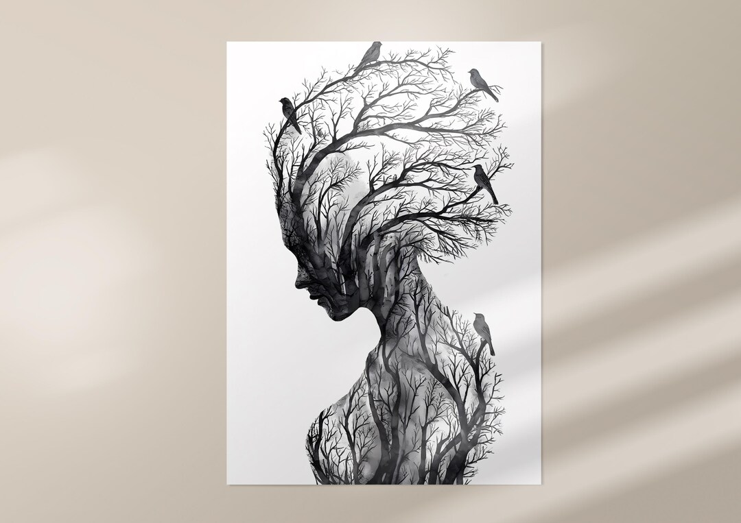 Surreal Tree Woman Art Print | Nature-inspired Wall Art, Black and ...