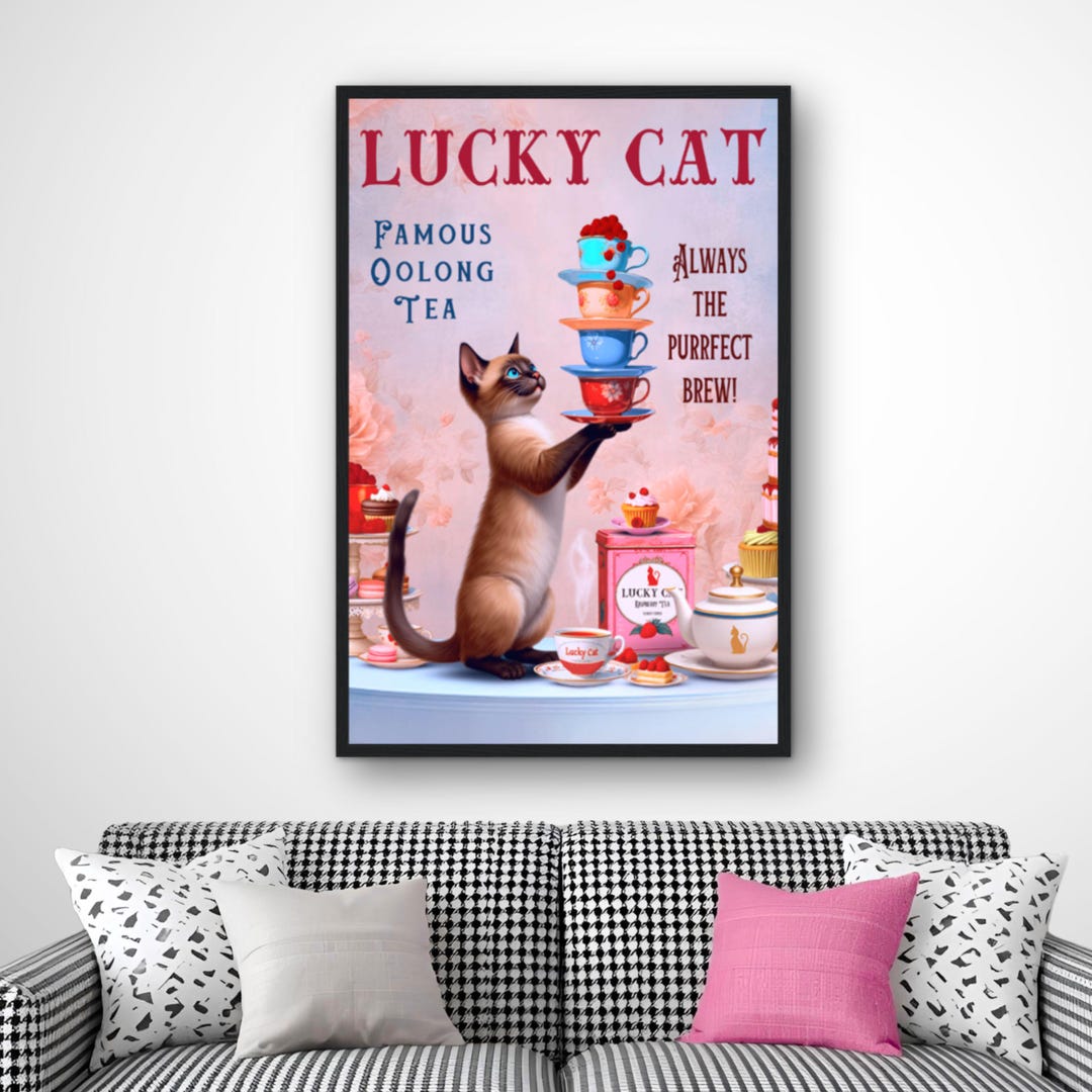 Siamese Lucky Cat Tea Poster Print - Framed Retro Kitchen Wall Decor - Etsy
