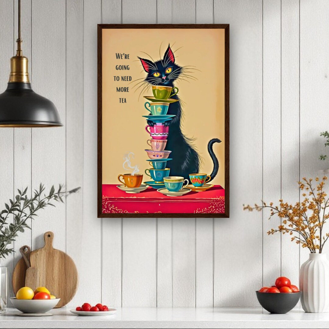 Quirky Cat Teacup Art Poster Print - Framed Kitchen Wall Art - Etsy