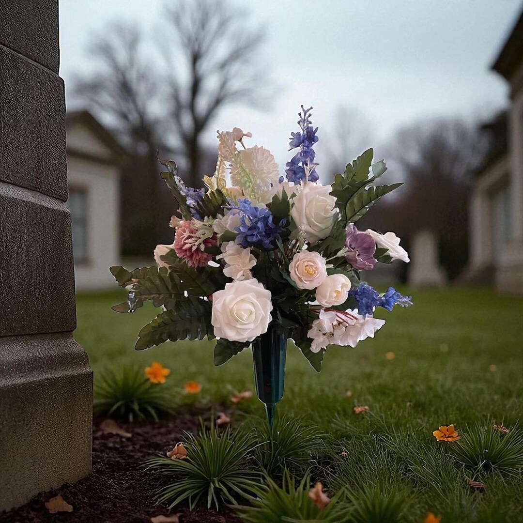 White Rose & Blue Delphinium Cemetery Vase | Artificial Grave Flowers ...