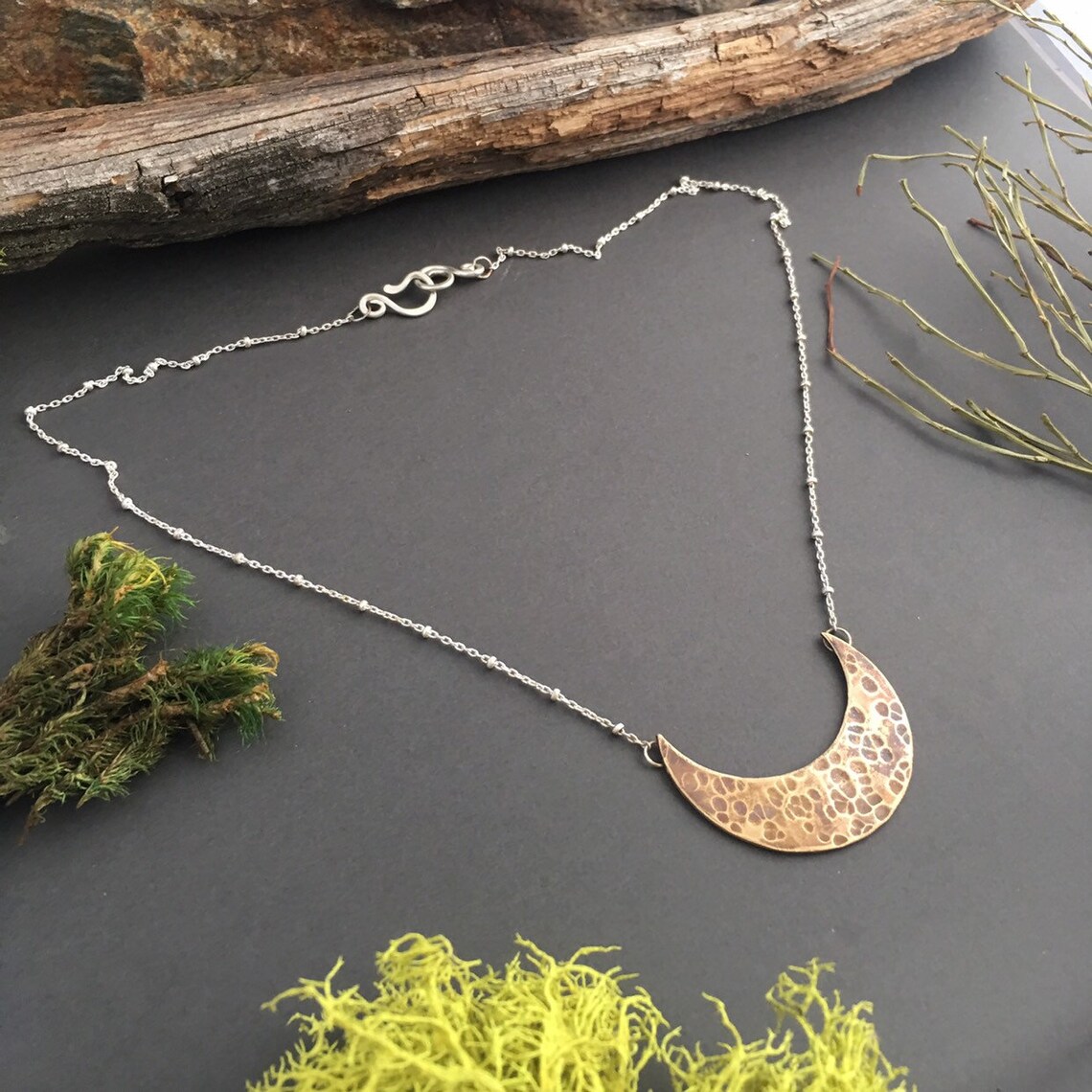 Mixed Metal Large Crescent Moon Necklace, Silver and Brass Crescent ...