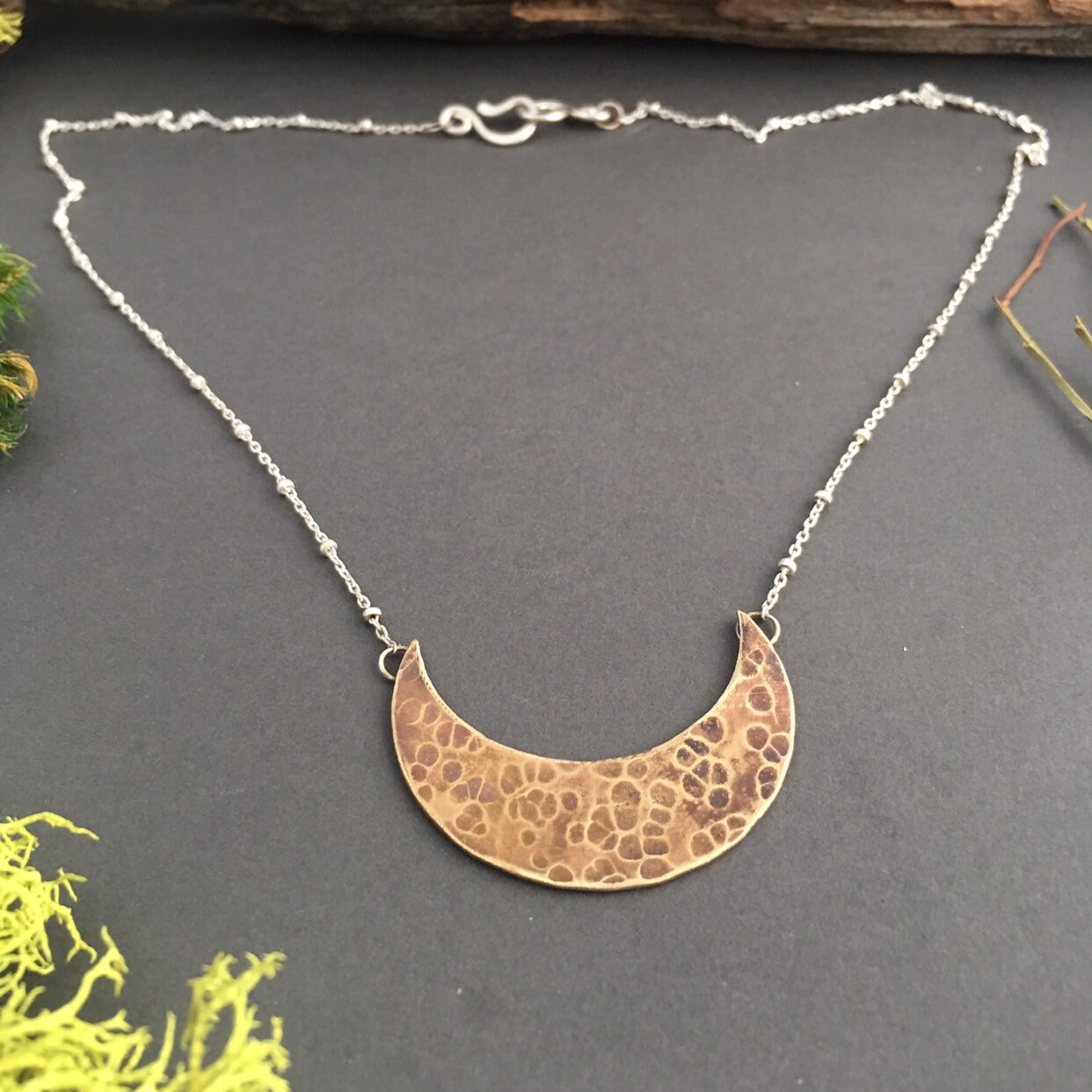 Mixed Metal Large Crescent Moon Necklace, Silver and Brass Crescent ...