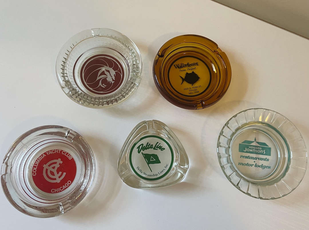 Collection of 5 Vintage MCM Branded Glass Ashtrays Hotel Restaurant ...