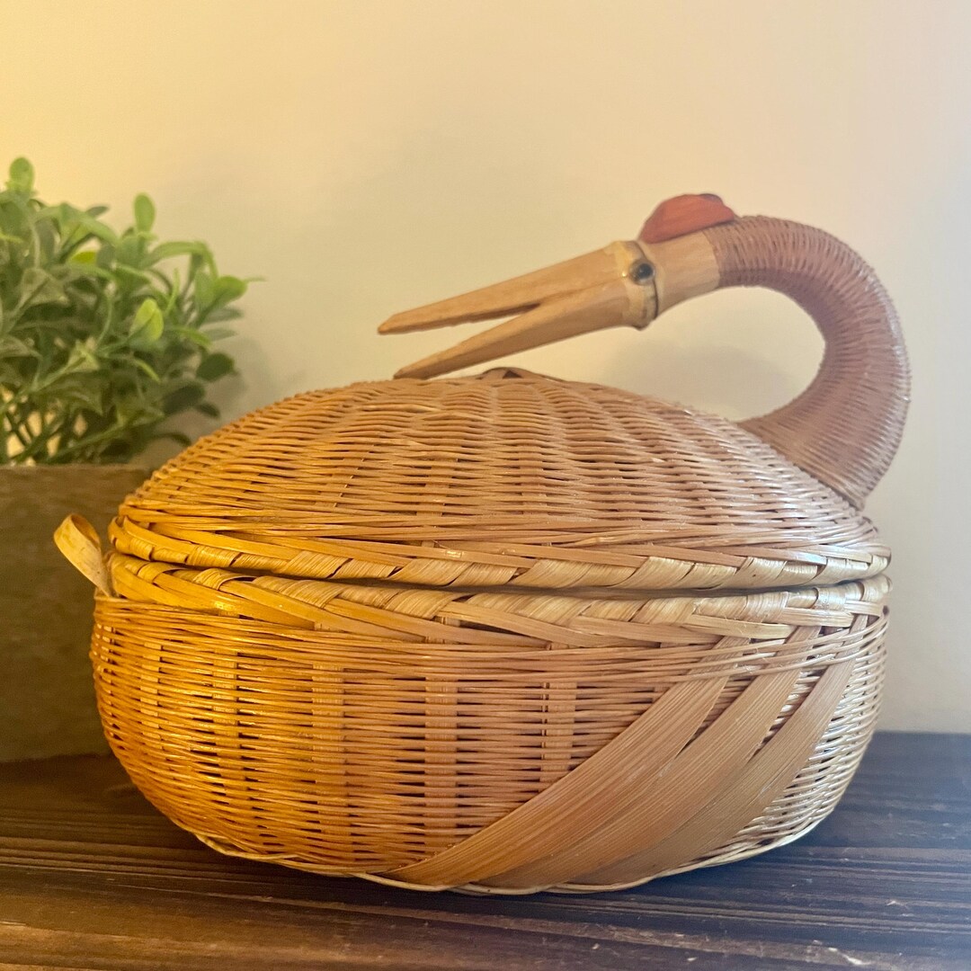 Vintage Shanghai Handicrafts Woven Rattan Swan Goose Lidded Basket ...