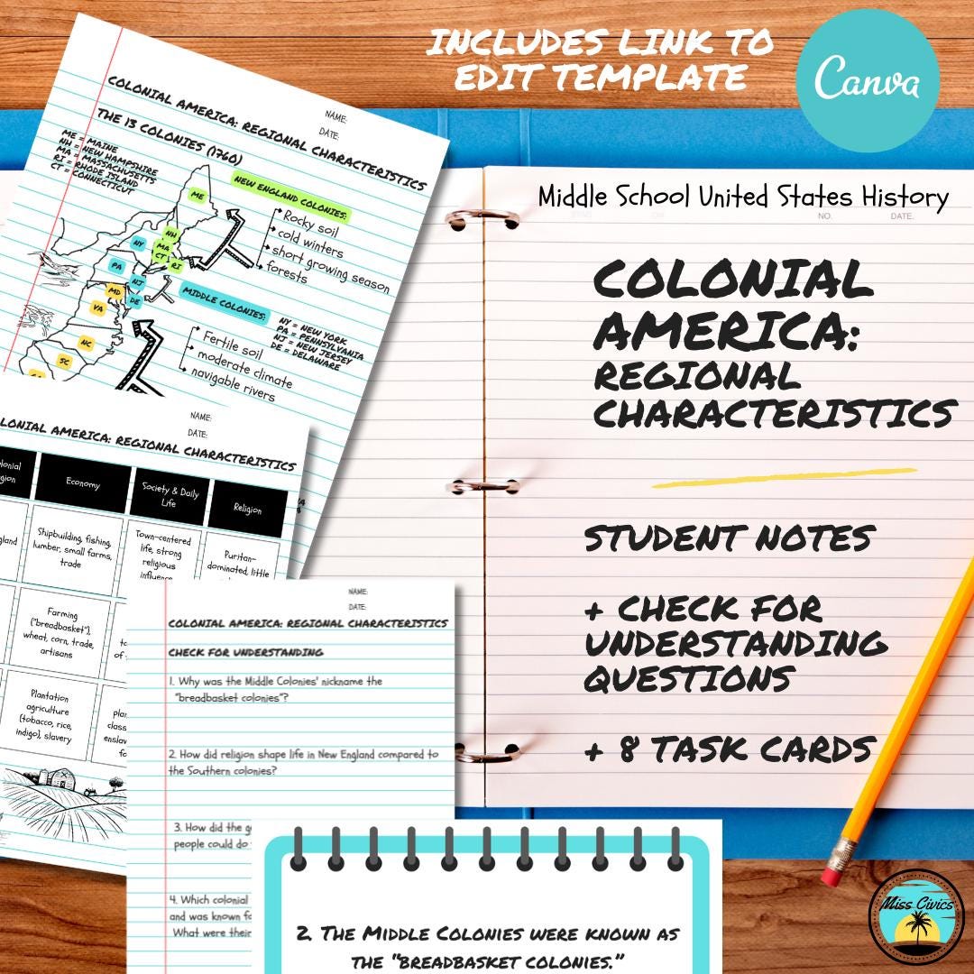 Colonial Regions Notes & Task Cards | Printable U.S. History Middle ...