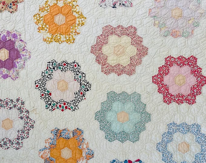 Colorful Handmade Vintage Grandmother’s Flower Garden Quilt ~ Flour ...