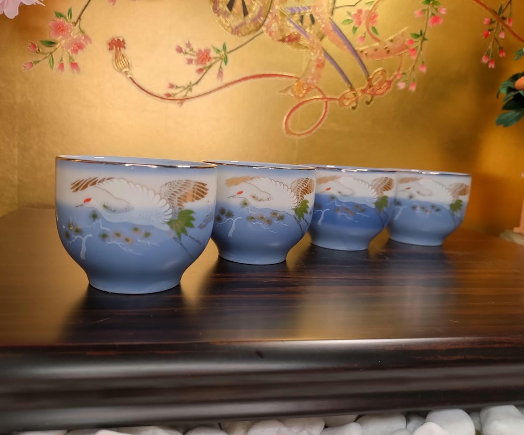 Vintage Japanese Yunomi Tea Cups Set of 4 | Crane and Pine Design ...