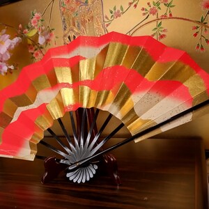Vintage Japanese Sensu Fan: Red & Gold Wave Design, Lacquered Wood - Etsy