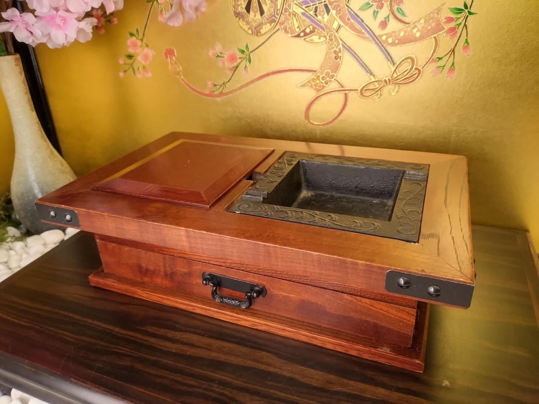 Vintage Japanese Tobacco Tray With Drawer, Wooden Smoking Set, Showa ...